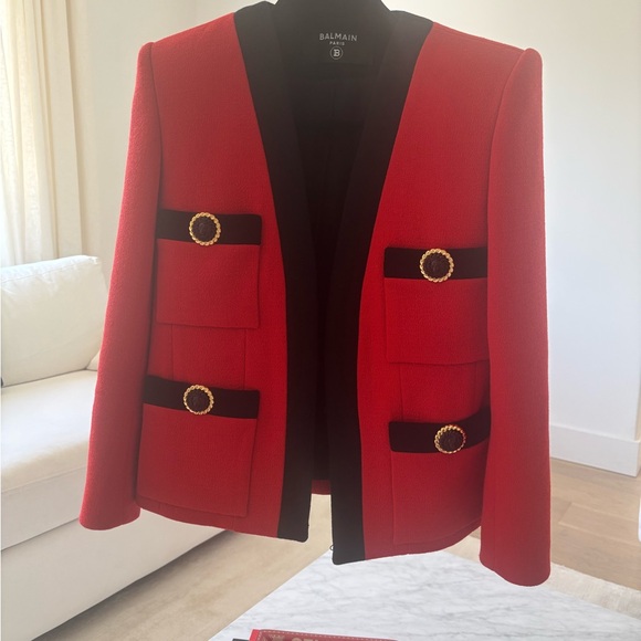 Balmain | Jackets & Coats | Balmain Red And Gold Blazer With Structured ...